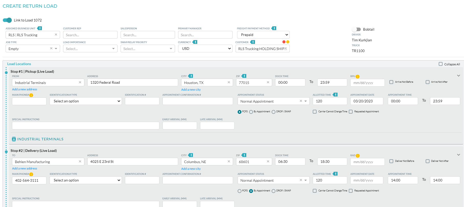 Create Return and Reposition Loads – EKA Solutions, Inc