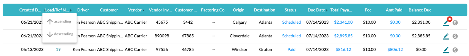 Sort Loads and Payments – EKA Solutions, Inc