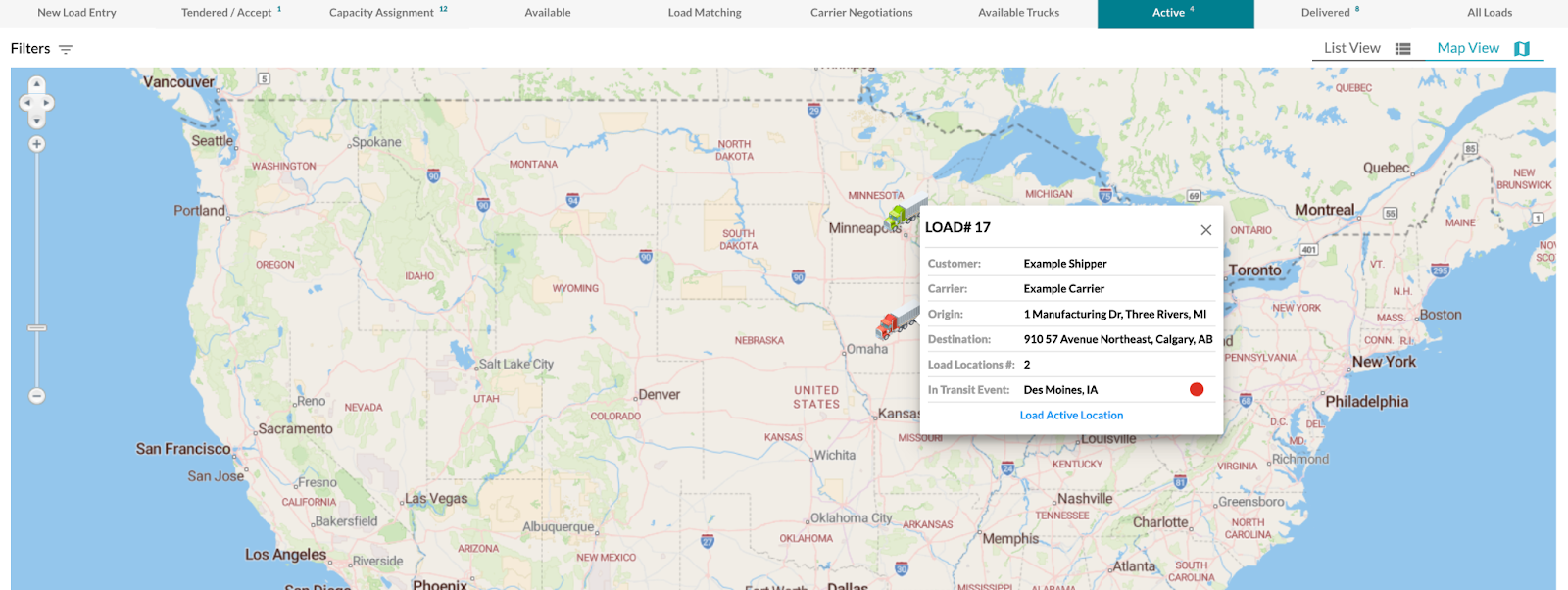 Active Loads List and Map Views – EKA Solutions, Inc