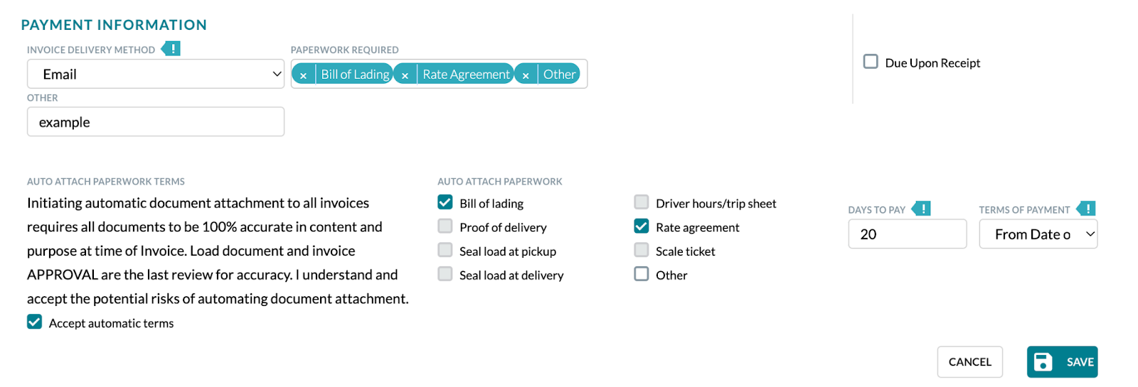 Set Customer/Shipper Payment Requirements – EKA Solutions, Inc